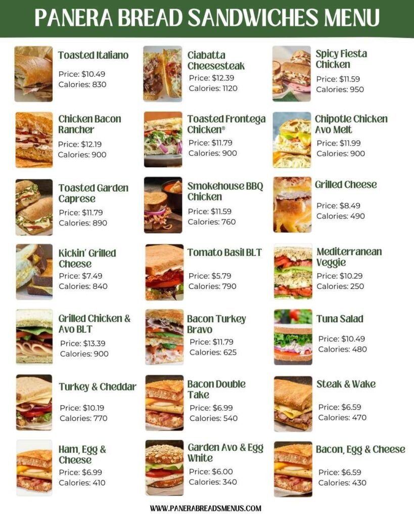 Panera Bread Sandwiches Menu Updated January 2026